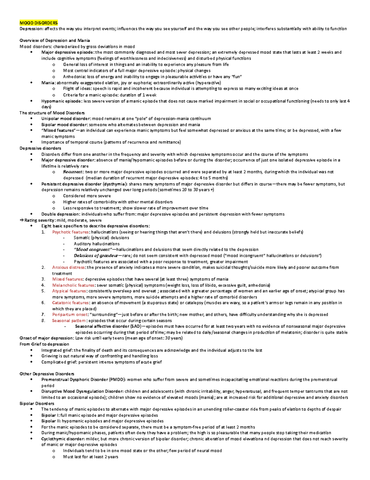 notes from textbook/class lecture - MOOD DISORDERS Depression: affects ...