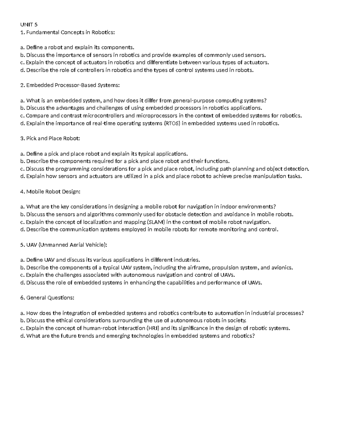 UNIT 5 Question bank - Unit 1 - UNIT 5 Fundamental Concepts in Robotics ...