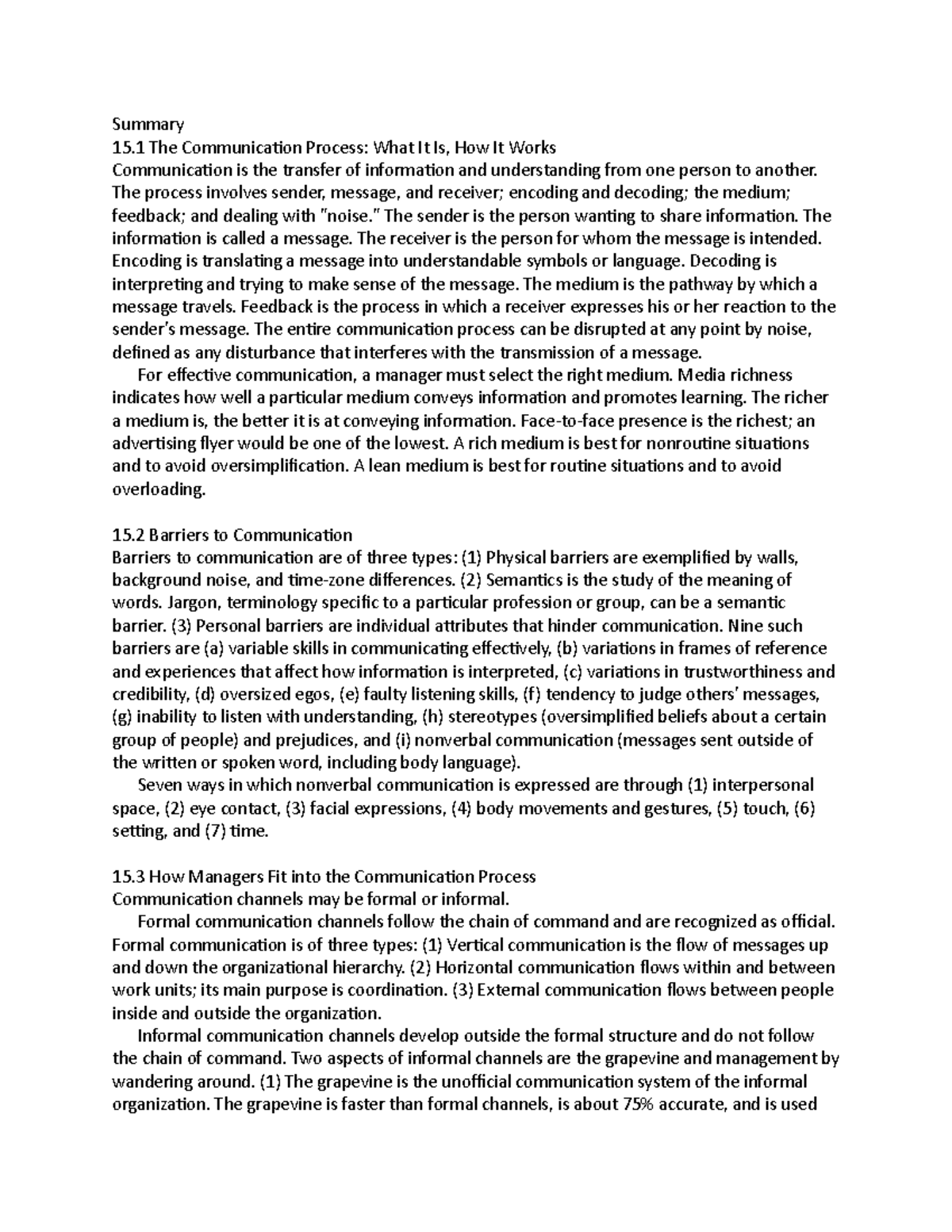 MGMT Chapter 15 and 16 Summary - Summary 15 The Communication Process ...