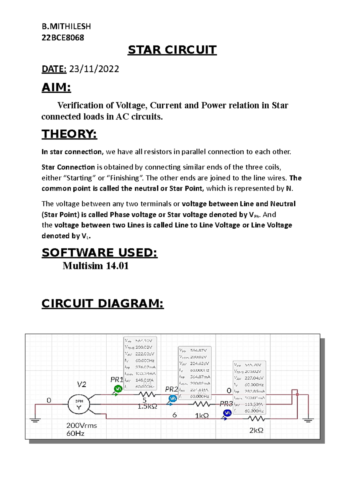 Ece star , delta connection - B 22BCE STAR CIRCUIT DATE: 23/11/ AIM ...