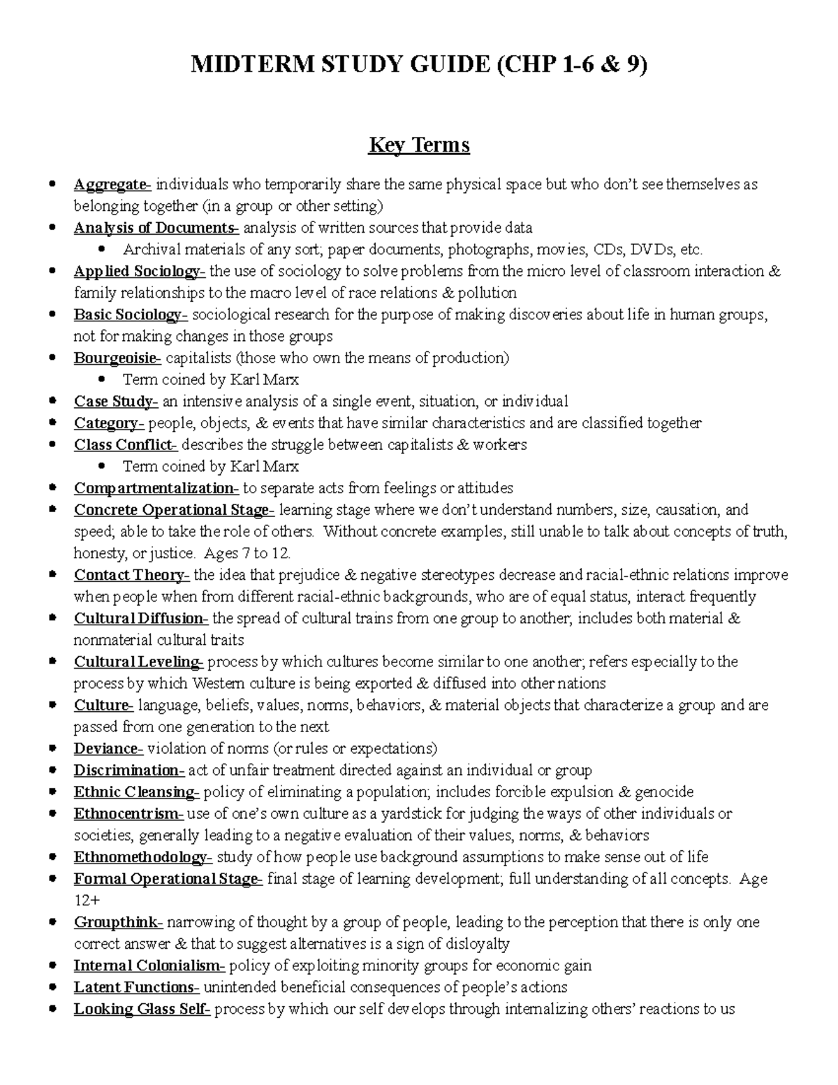 Midterm Review - Chapters 1-6 & 9 - MIDTERM STUDY GUIDE (CHP 1-6 & 9 ...