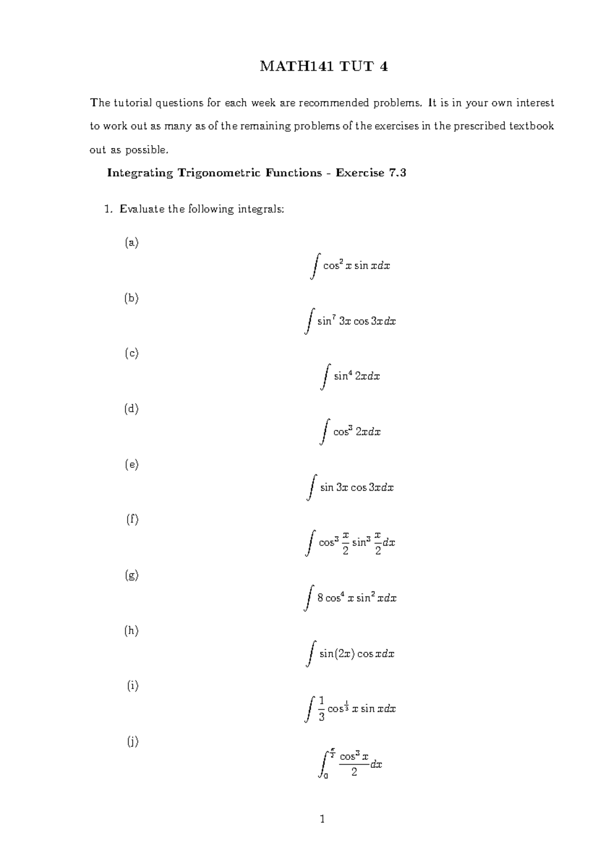 MATH141 TUT 4 - tut5 - MATH141 TUT 4 The tutorial questions for each week are recommended ...