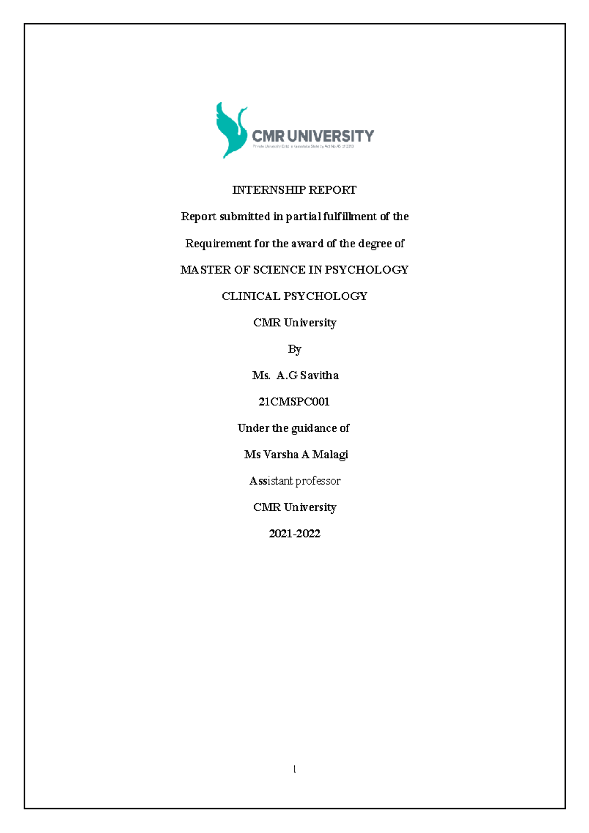 A.G savitha 21 Cmspc 001 - INTERNSHIP REPORT Report submitted in partial fulfillment of the ...