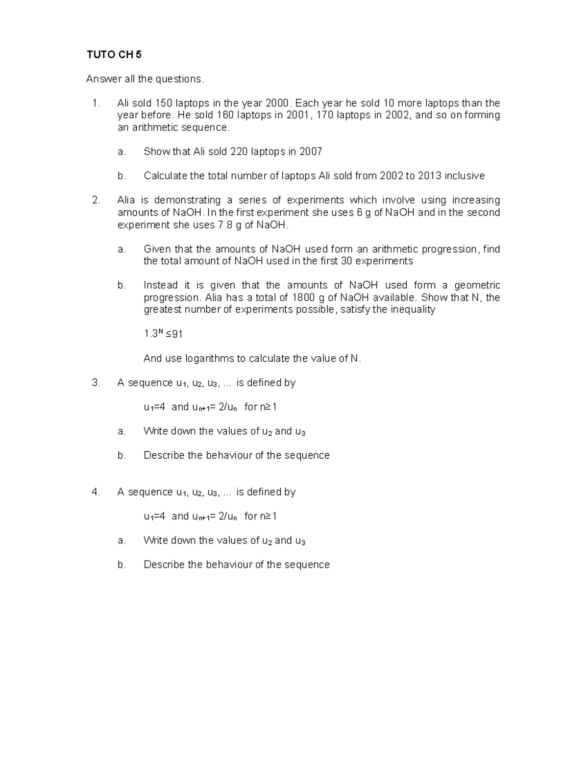 Tutorial CH 5 - Gdg - TUTO CH 5 Answer all the questions. Ali sold 150 ...