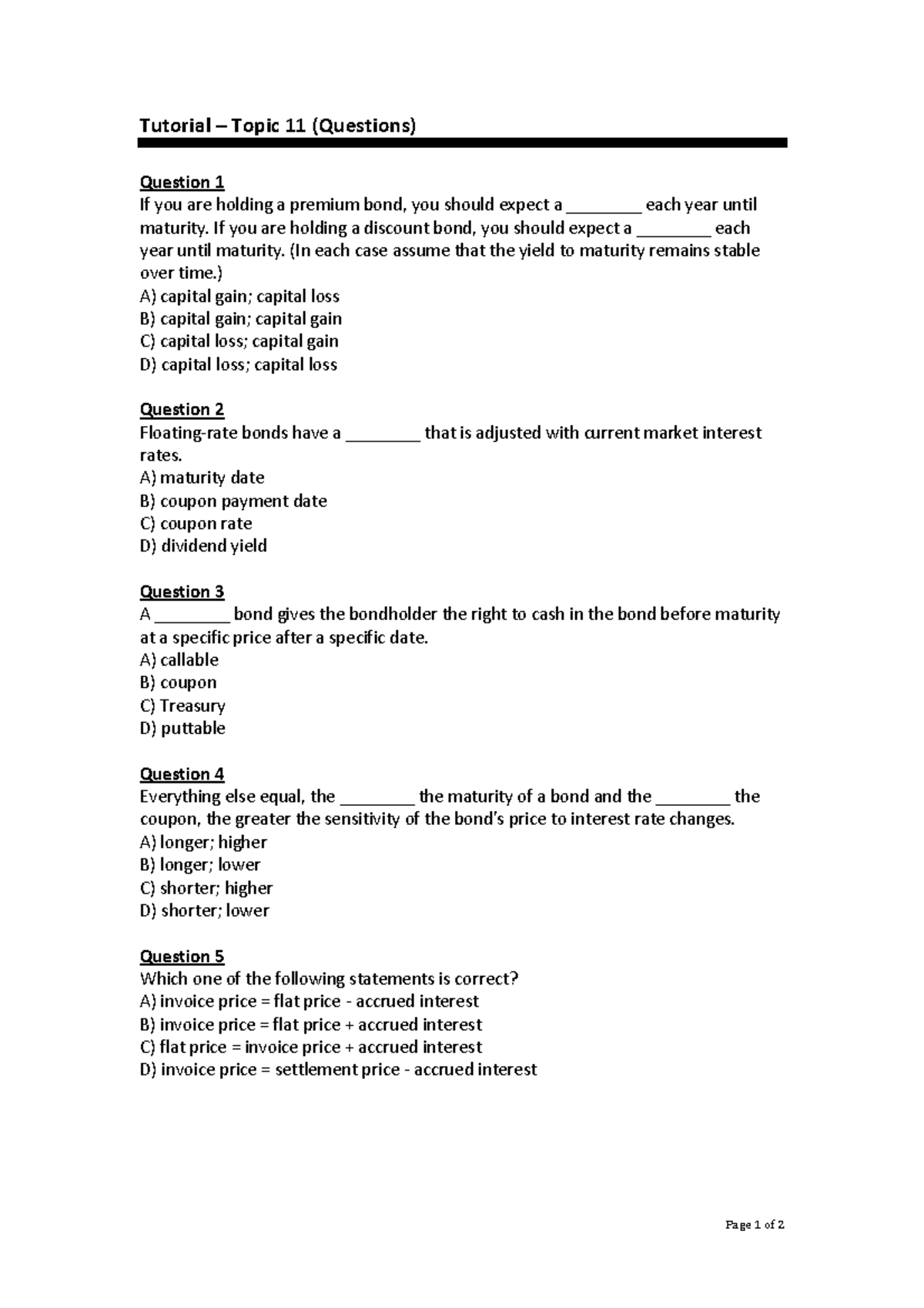 Tutorial (Q) Topic 11 – Valuing Debt Securities - Page 1 of 2 Tutorial ...