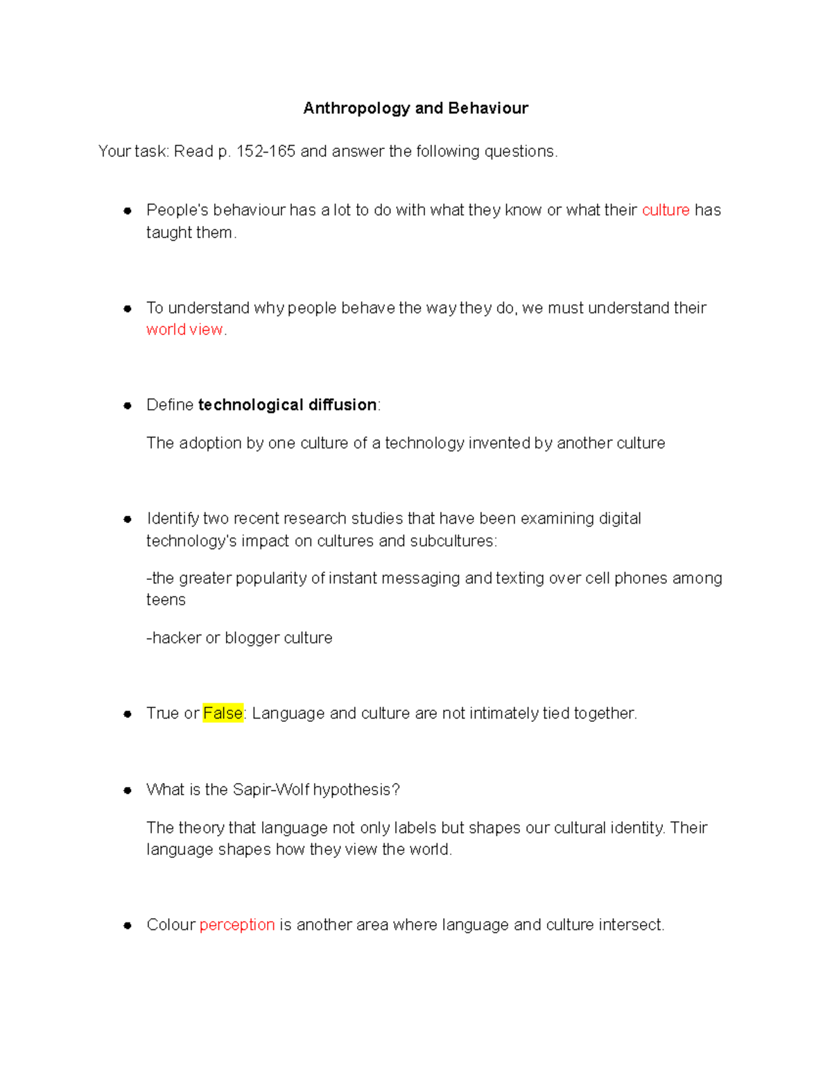 Anthropology and Behaviour worksheet - Anthropology and Behaviour Your ...