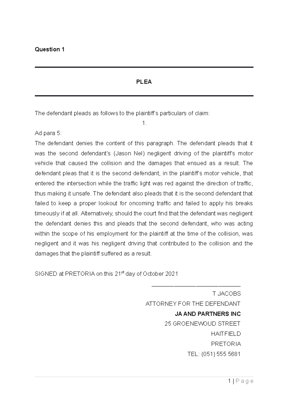 LPRC 4812 Assignment - Notes on drafting plea and counterclaim on ...