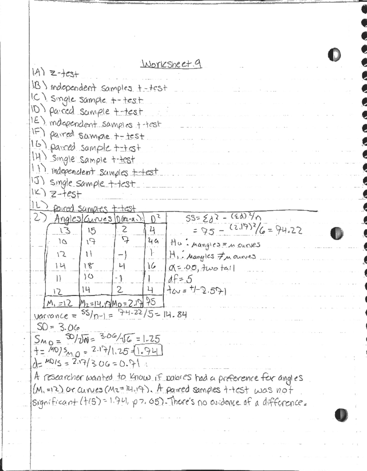 Paired Samples t-test Worksheet - PSY 201 - Studocu