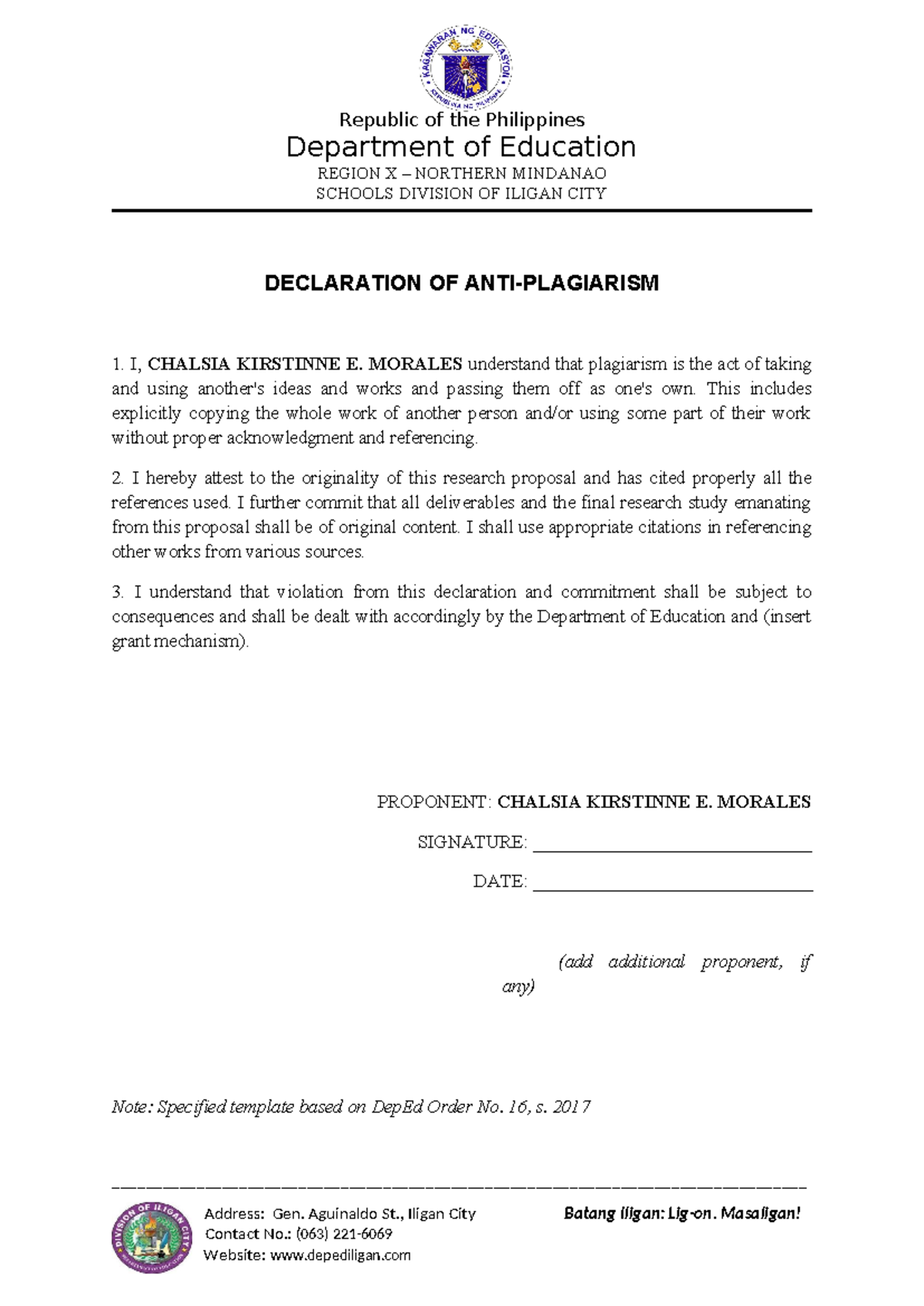 Declaration OF ANTI Plagiarism - Republic of the Philippines Department ...