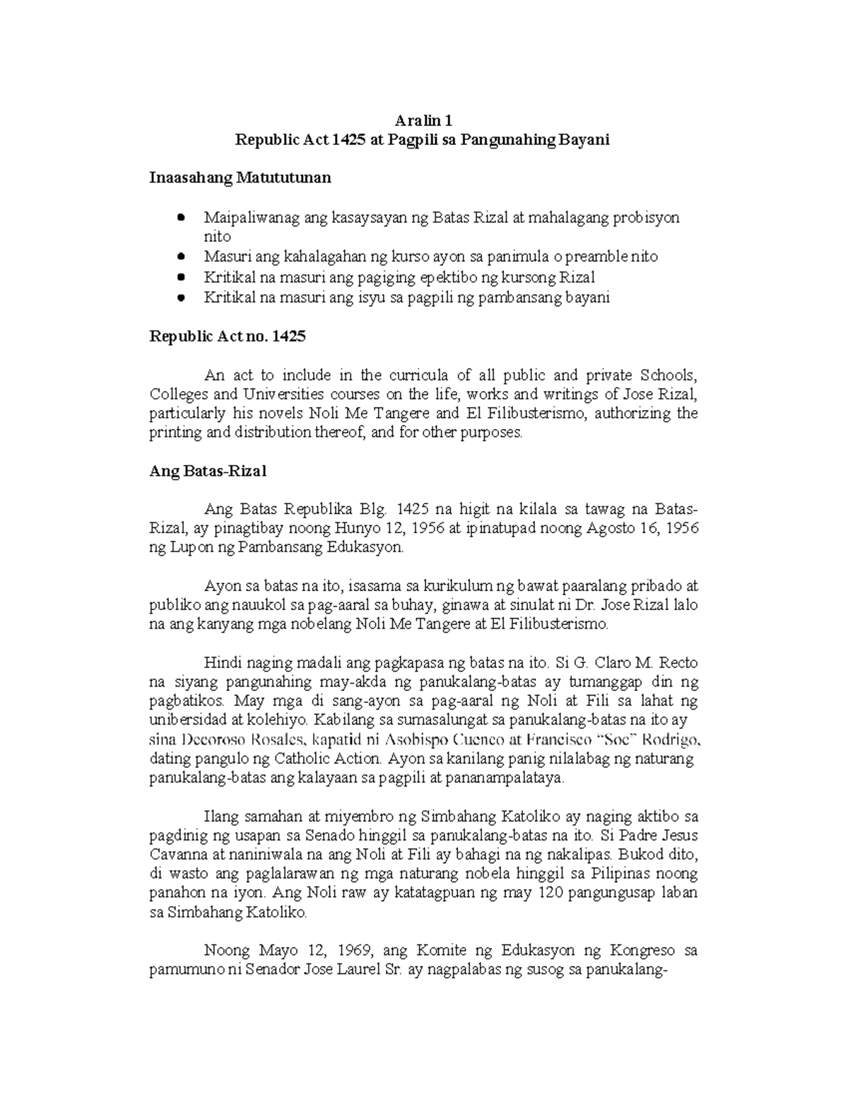 LIFE AND WORK OF Rizal Chapter 1-5 ONLY - Aralin 1 Republic Act 1425 at ...