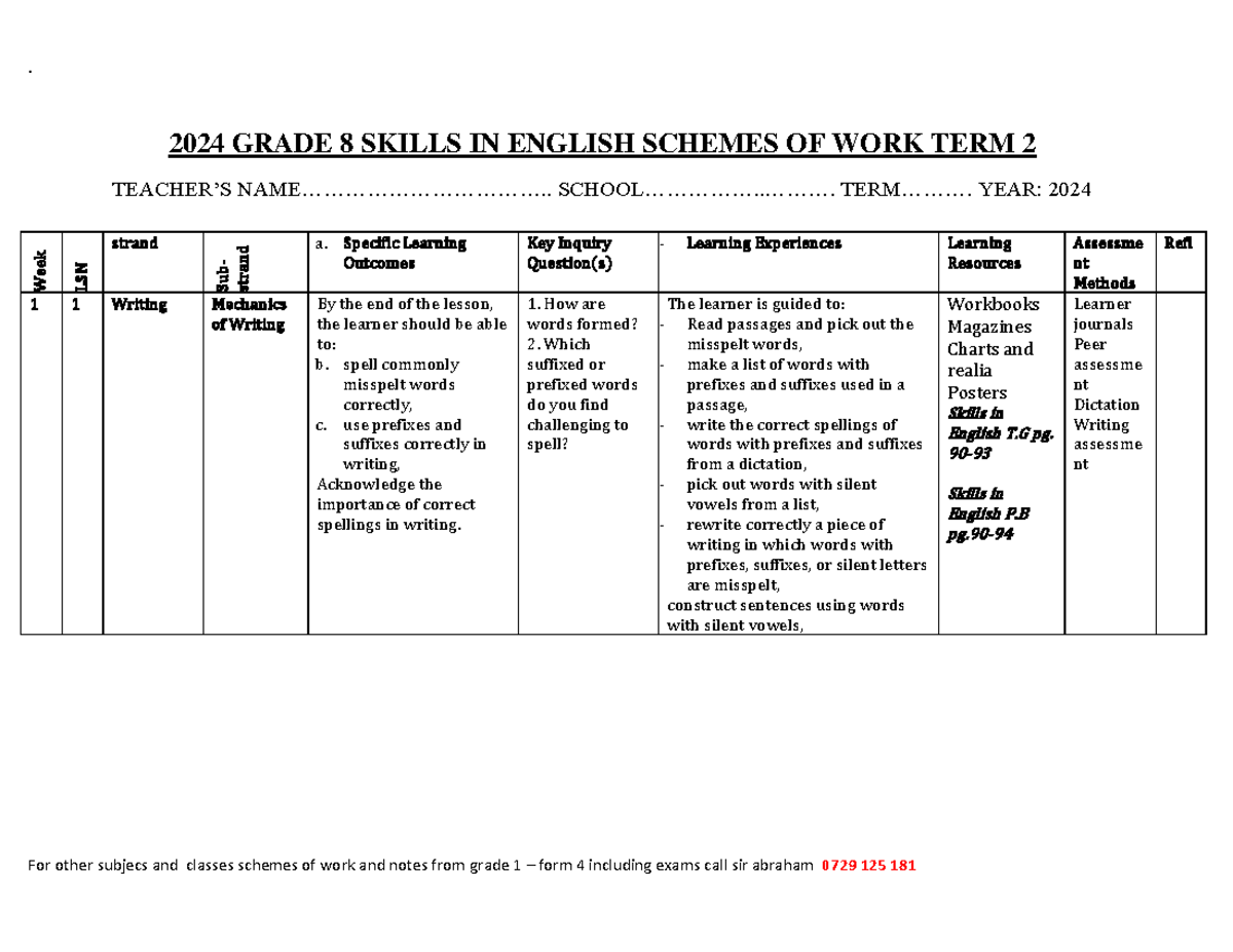Grade 8 TERM 2 2024 Rationalized English Schemes OF WORK - . 2024 GRADE ...