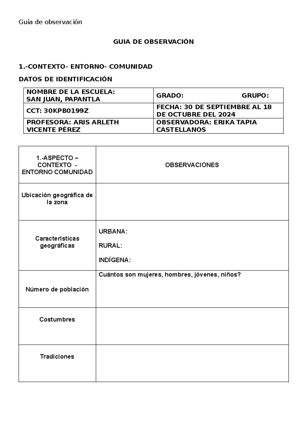 GUÍA DE Observación - dIARIO DE CAMPO - GUIA DE OBSERVACIÓN 1.-CONTEXTO ...