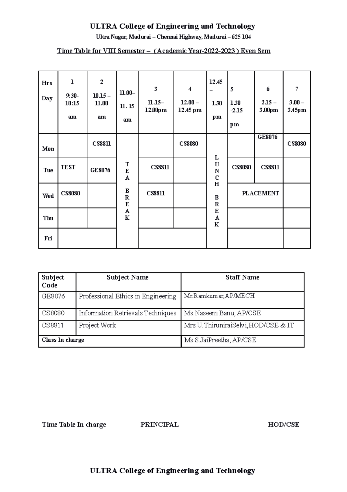 Time table 2023 new aicet - ULTRA College of Engineering and Technology ...