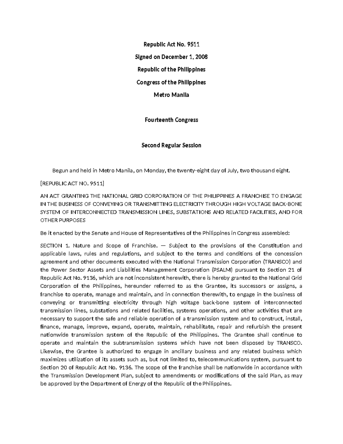 Republic Act No. 9511 NGCP - Republic Act No. 9511 Signed on December 1 ...