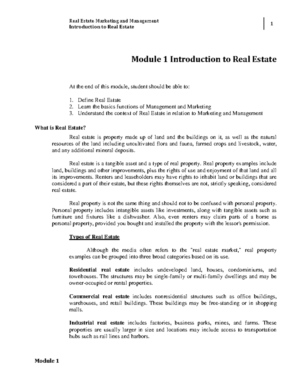 Module 1 Introduction to Real Estate - Introduction to Real Estate 1 Module 1 Introduction to ...