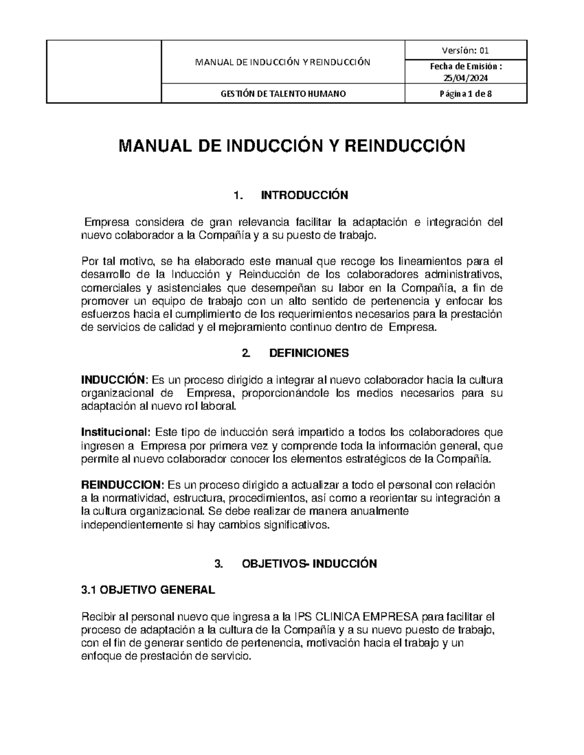 Manual inducción y reinducción empresarial - MANUAL DE INDUCCIÓN Y REINDUCCIÓN Fecha de Emisión ...