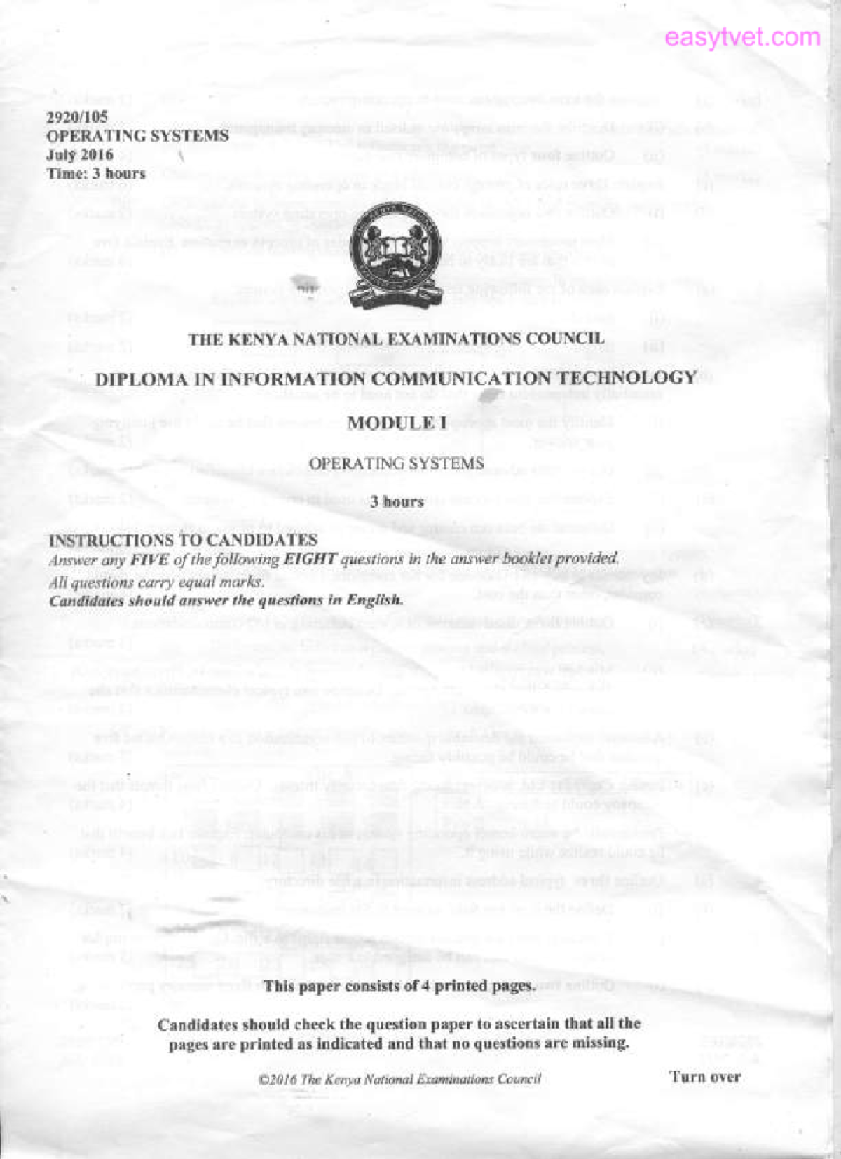 2016 july - ICT notes - easytvet OPERATING SYSTEMS July 2016 Time: 3 ...