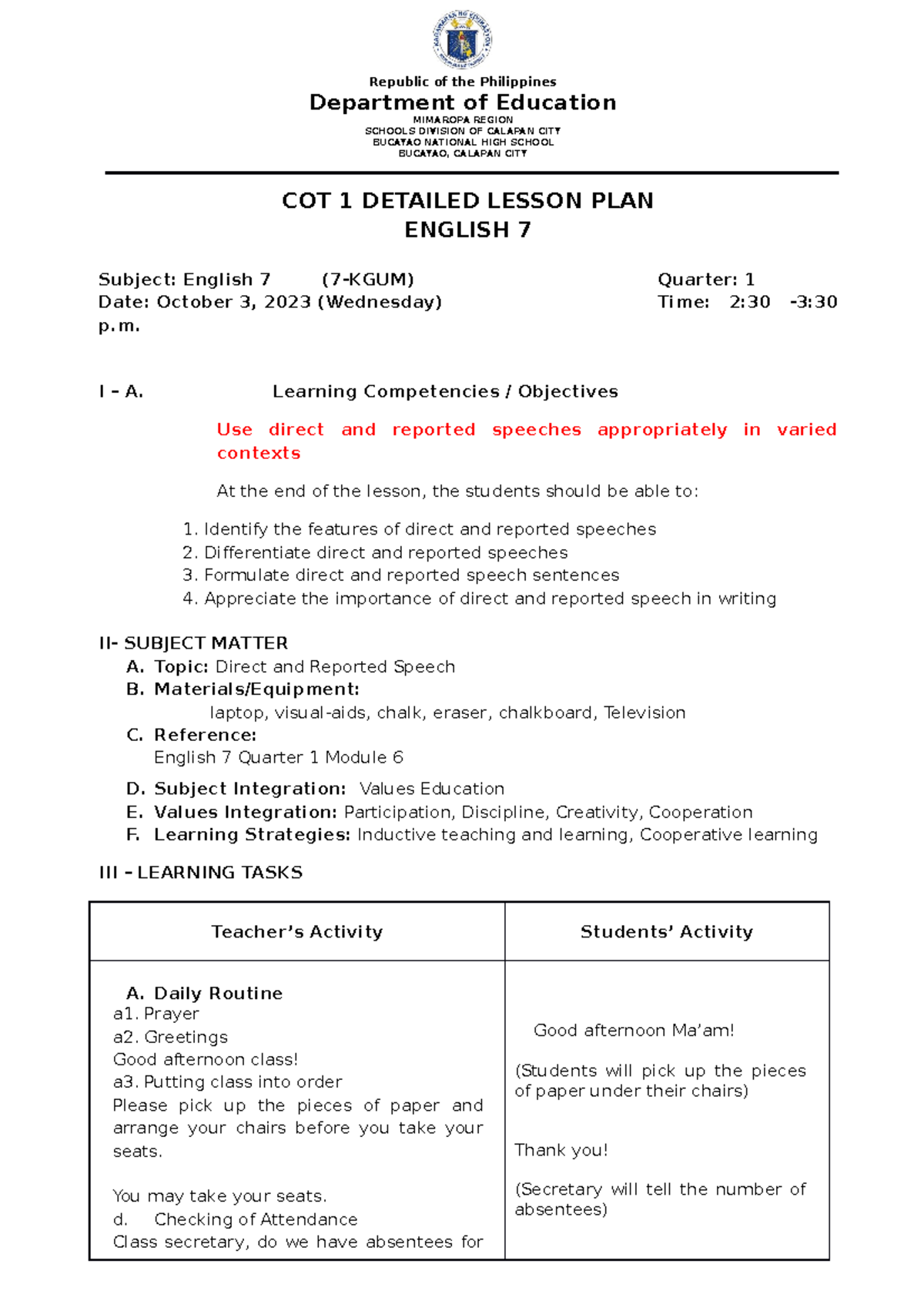 COT 1 - lesson plan on direct and reported speech - COT 1 DETAILED ...