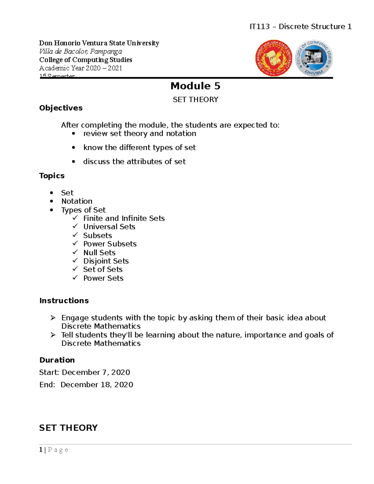Module 5 - SET Theory in IT 113 - Module 5 SET THEORY Objectives After ...
