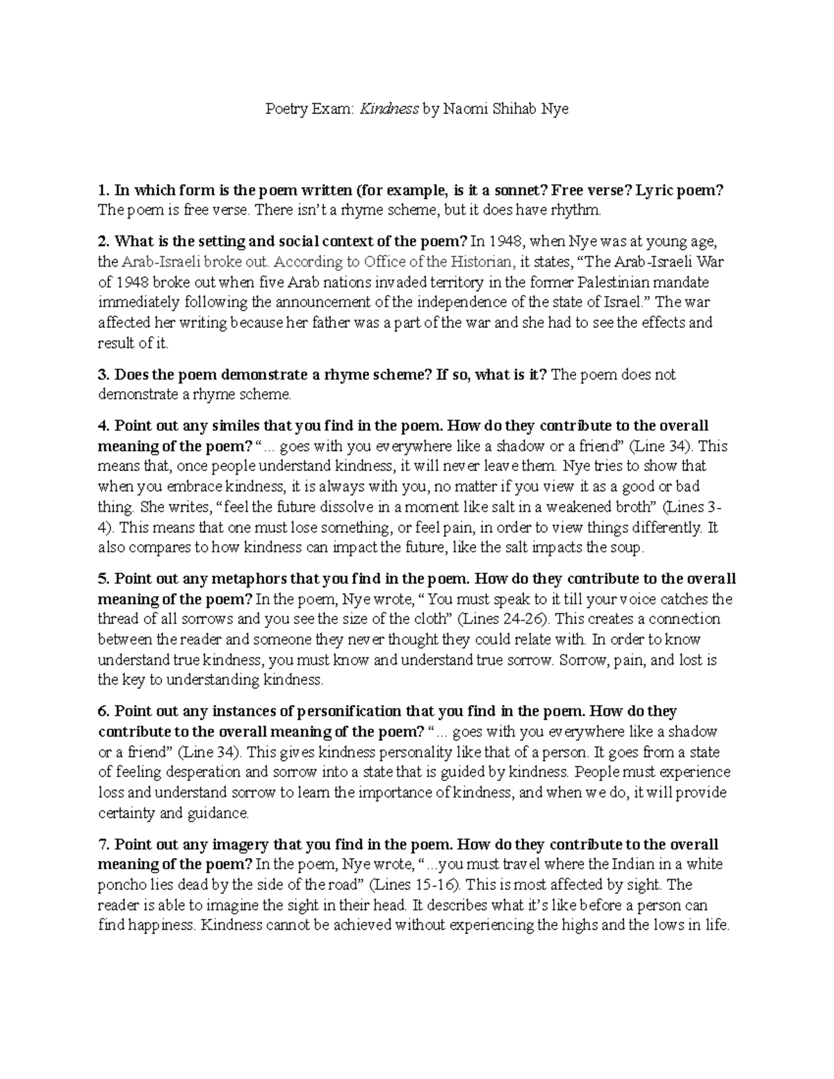 Poetry Exam - Grade: A - Poetry Exam: Kindness Naomi Shihab Nye 1. In ...