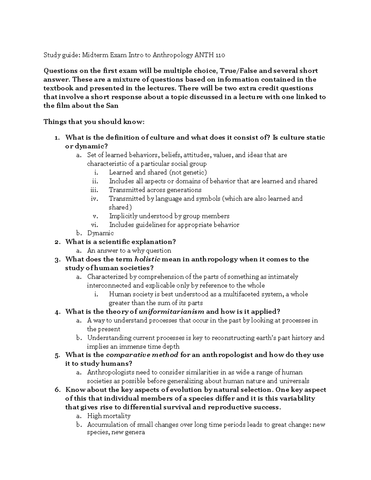 Anthropology study guide - Study guide: Midterm Exam Intro to Anthropology ANTH 110 Questions on ...