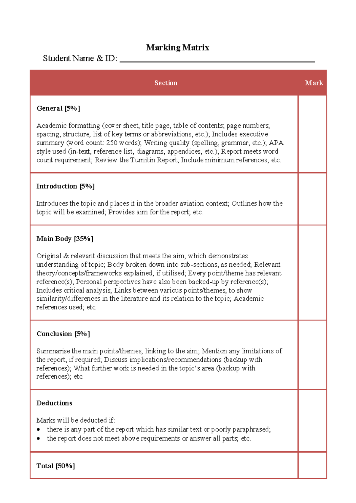 Marking Matrix for - Marking Matrix Student Name & ID: Section Mark ...