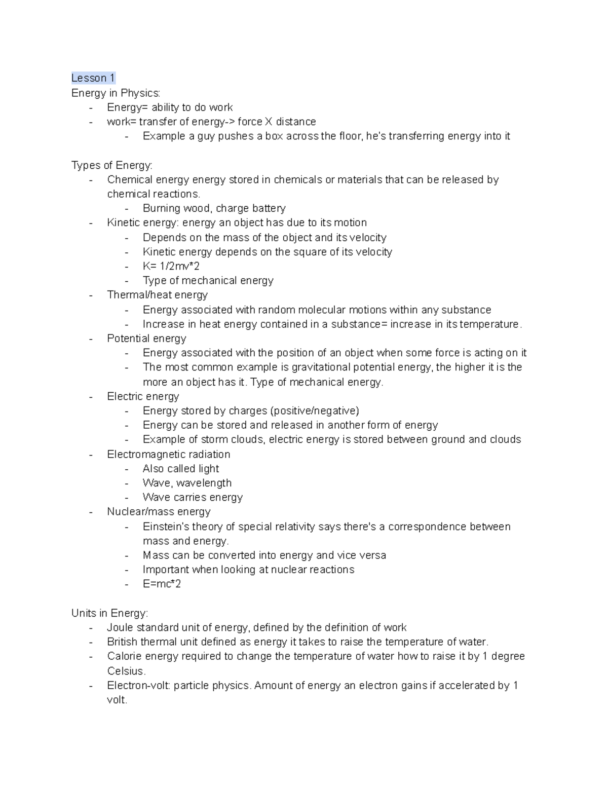Phys273 lesson 1 - Notes form the videos. - Lesson 1 Energy in Physics ...