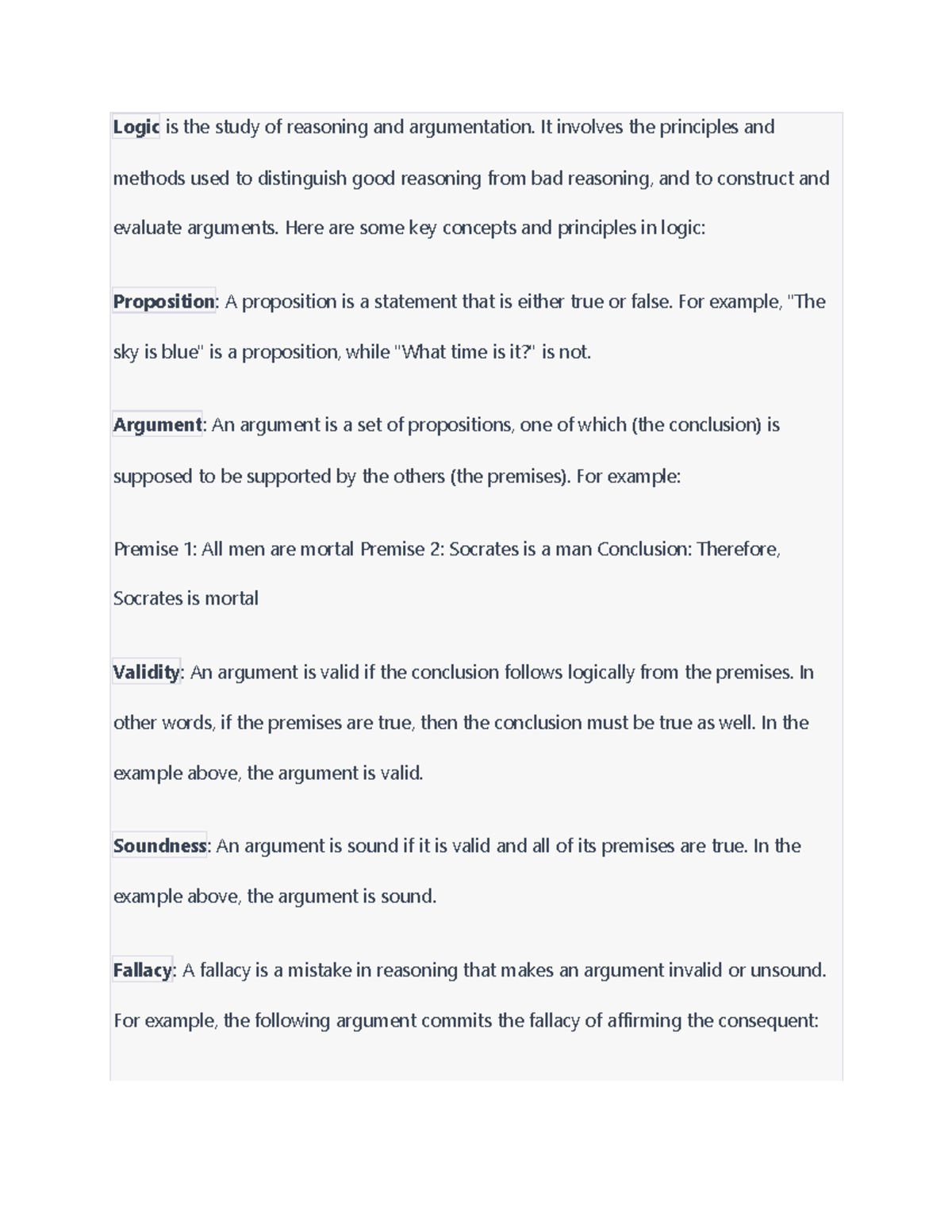 Logic notes - Logic is the study of reasoning and argumentation. It ...