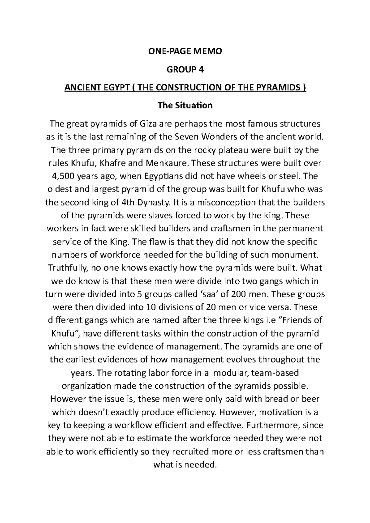 ONE PAGE MEMO ( Group 4) Ancient Egypt - ONE-PAGE MEMO GROUP 4 ANCIENT ...