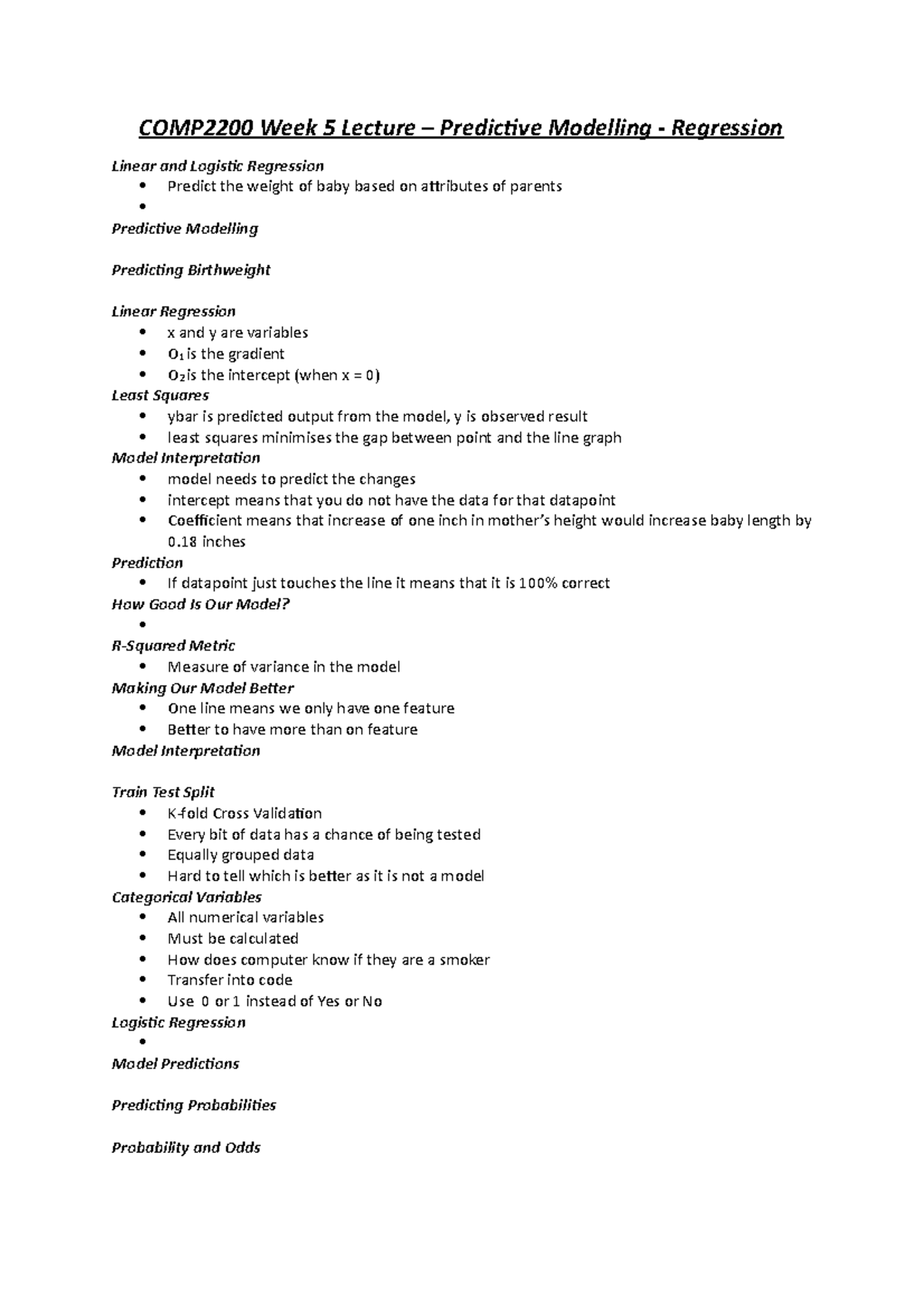COMP2200 Week 5 - Predictive Modelling - Regression - COMP2200 Week 5 Lecture – Predictive ...