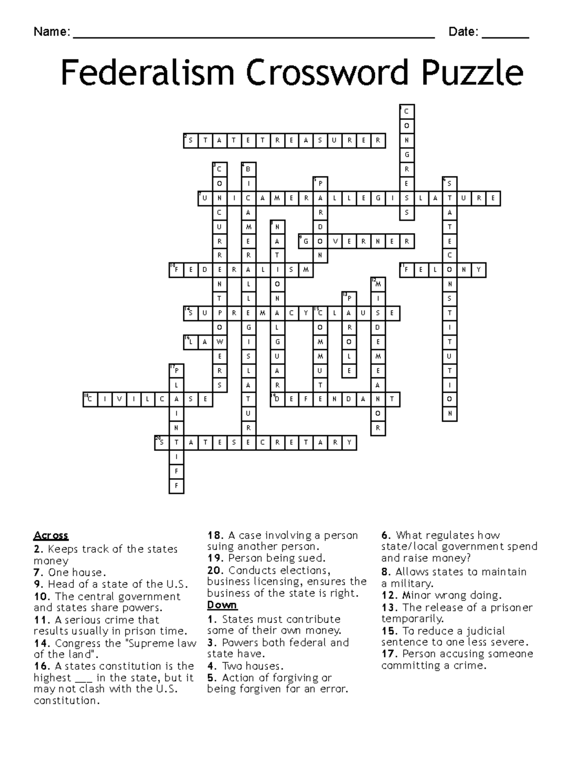 Federalism Crossword Puzzle answer key - Name