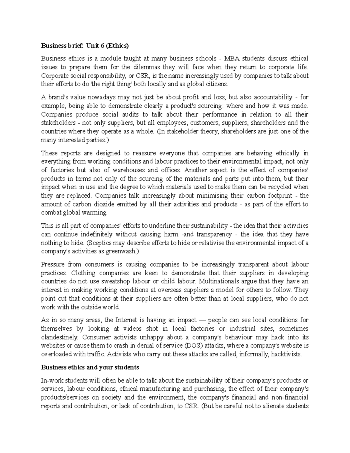 Business brief 5 (Ethics) - Business brief: Unit 6 (Ethics) Business ...