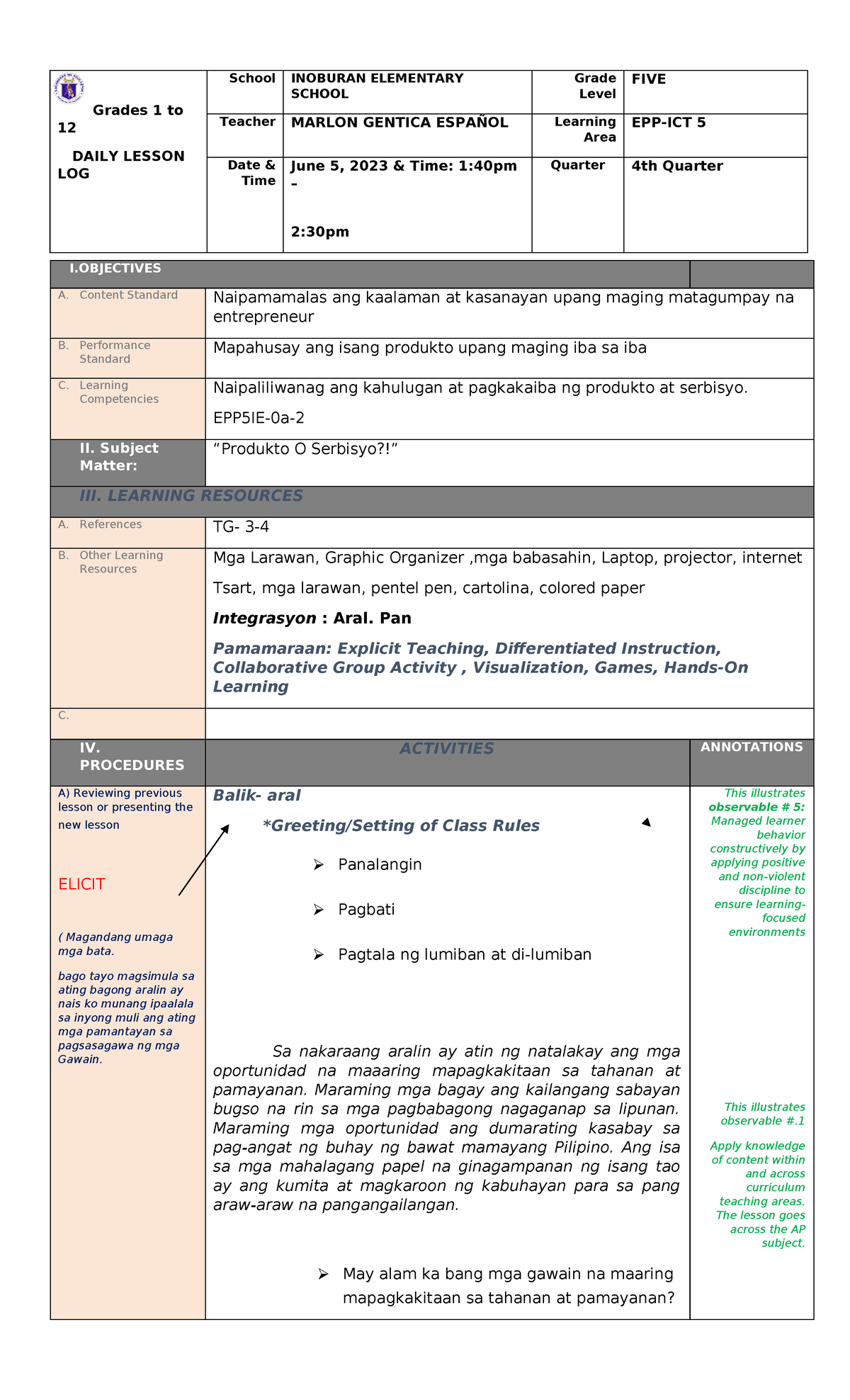 654350060 cot EPP 5 ICT serbisyo at produkto - Grades 1 to 12 DAILY LESSON LOG School INOBURAN ...