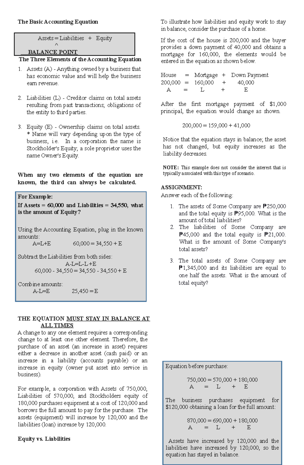 The Basic Accounting Equation 2018 - The Basic Accounting Equation ...