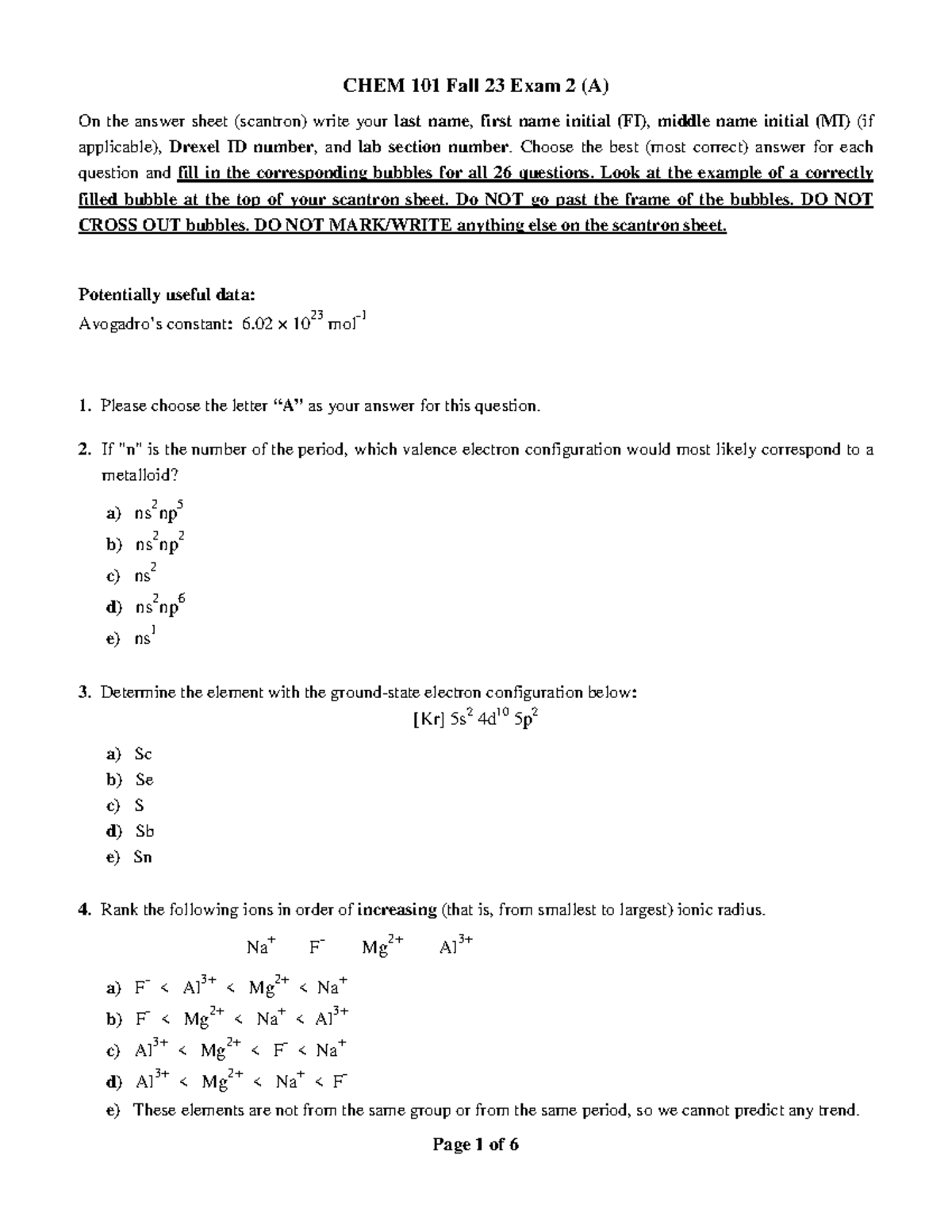 Exam II 101 F23a w. Answer Key - CHEM 101 Fall 23 Exam 2 (A) On the ...
