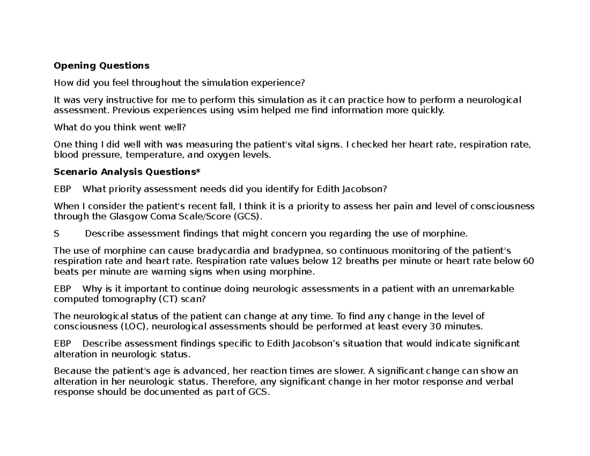 Vsim Edith Jacobson - Opening Questions How did you feel throughout the ...