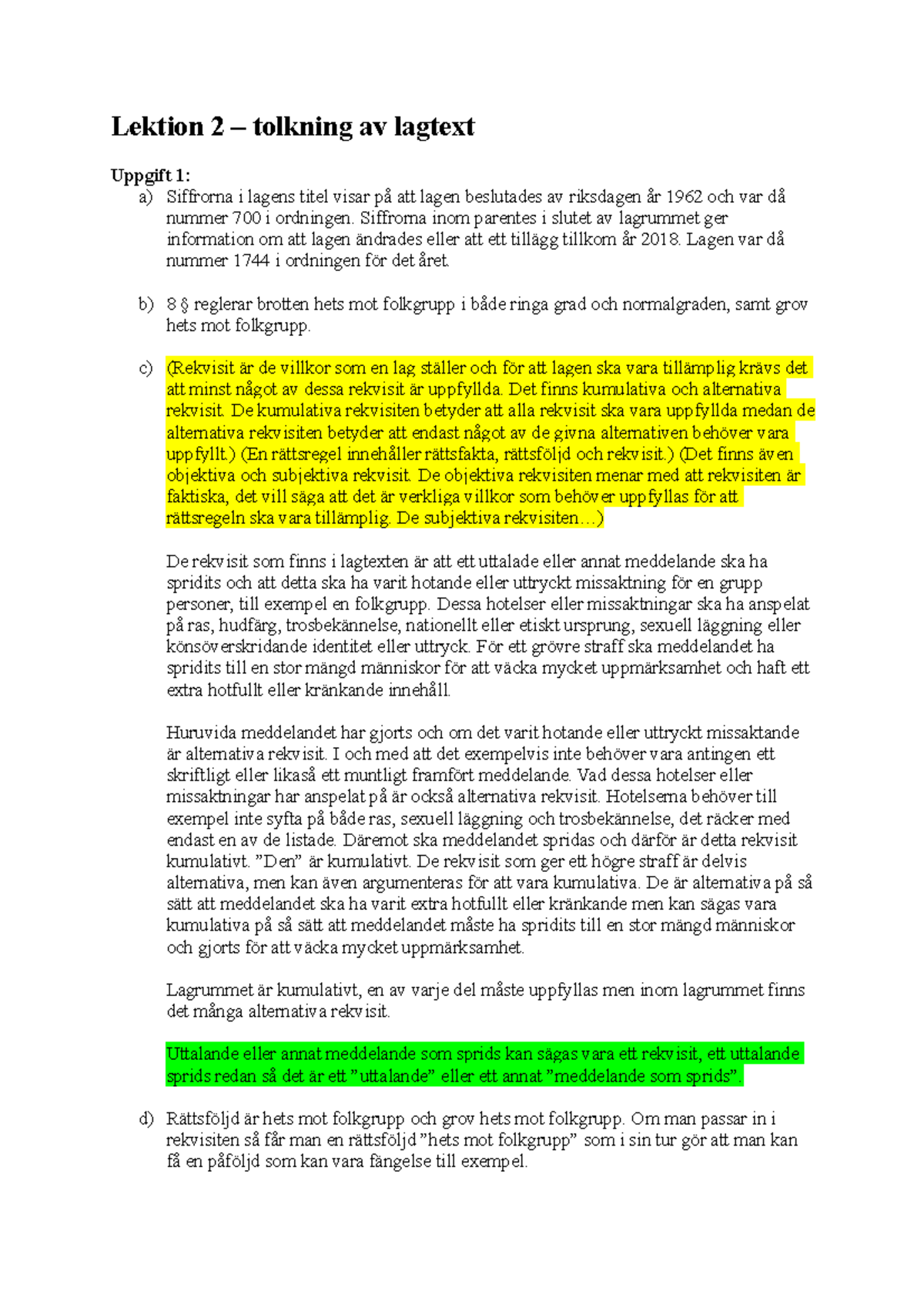 Lektion 2 - tolkning av lagtext - Lektion 2 – tolkning av lagtext Uppgift 1: a) Siffrorna i ...