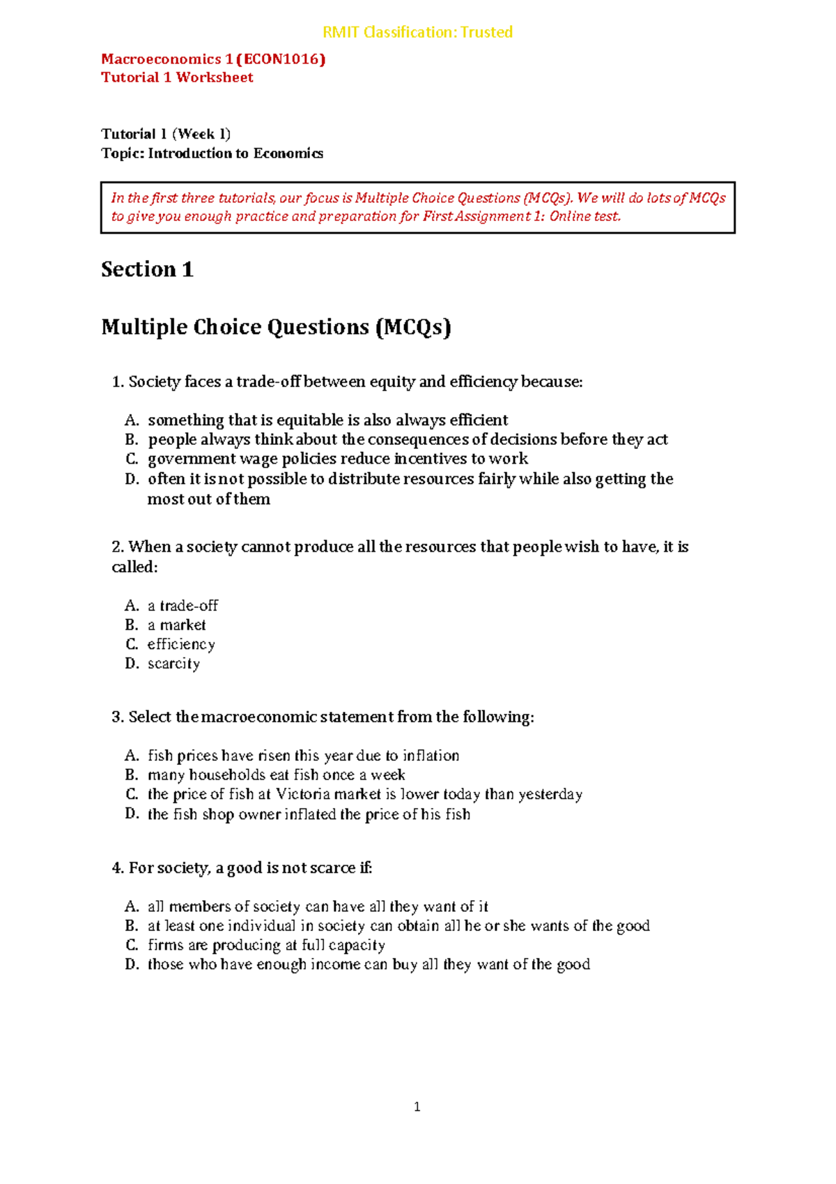 Macro 1 (ECON1016) Tutorial Worksheet ( Week 1) - Macroeconomics 1 (ECON1016) Tutorial 1 ...