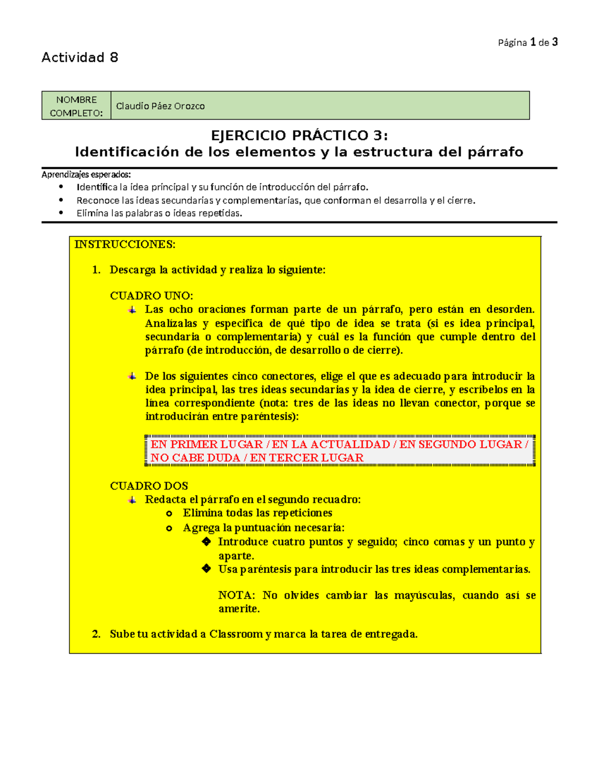 Actividad 8 - Actividad práctica - Elementos y estructura del párrafo ...