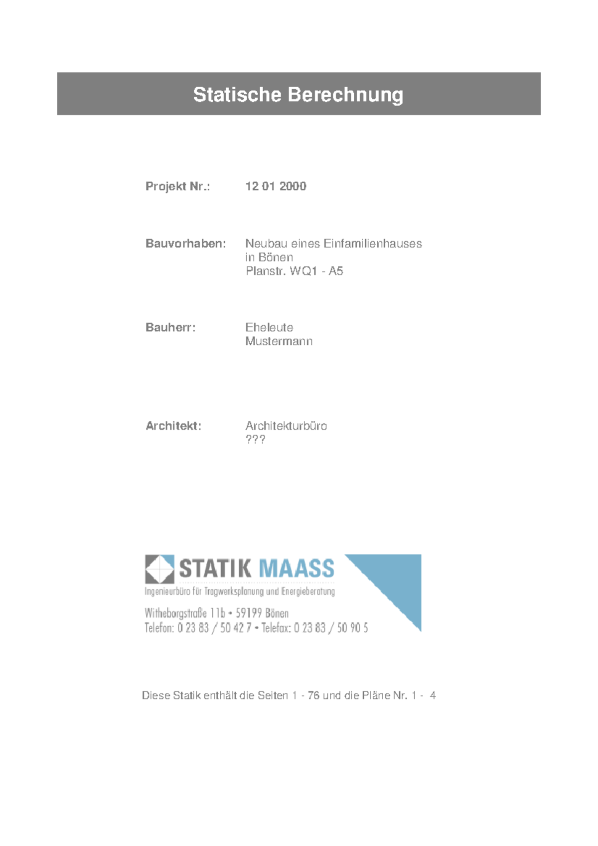 Musterstatik 1-Fam - Statische Berechnung Projekt Nr.: 12 01 2000 ...