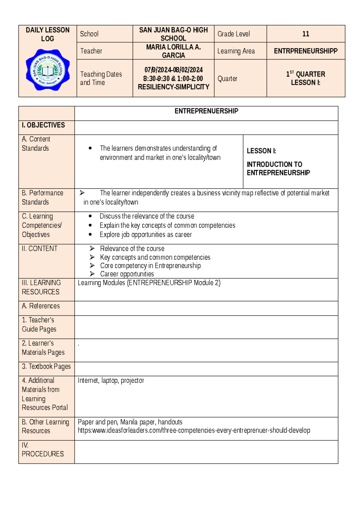 Daily Lesson LOG Entrep - DAILY LESSON LOG School SAN JUAN BAG-O HIGH ...