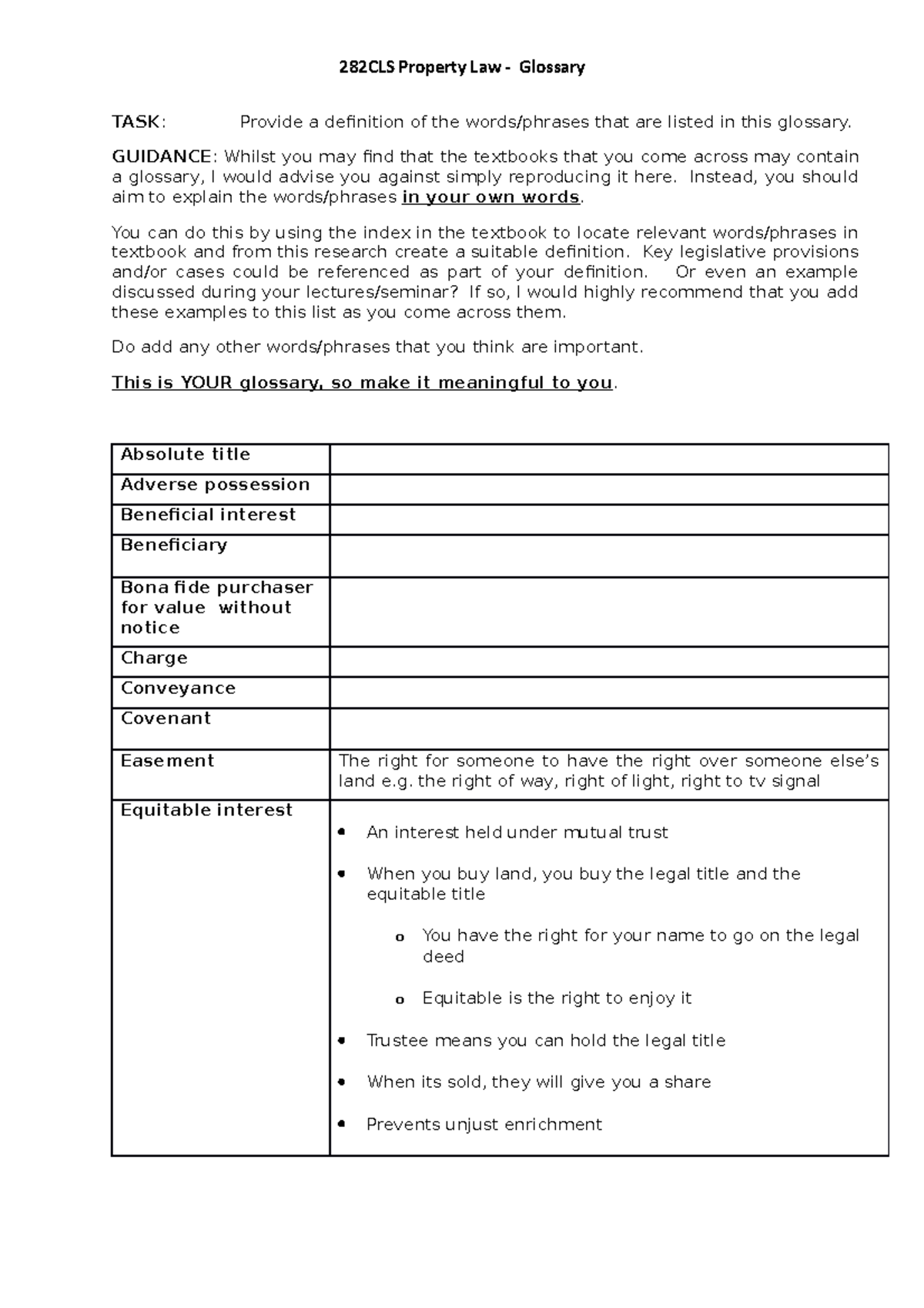 Glossary of Property Law Key Terms - 282CLS Property Law - Glossary ...