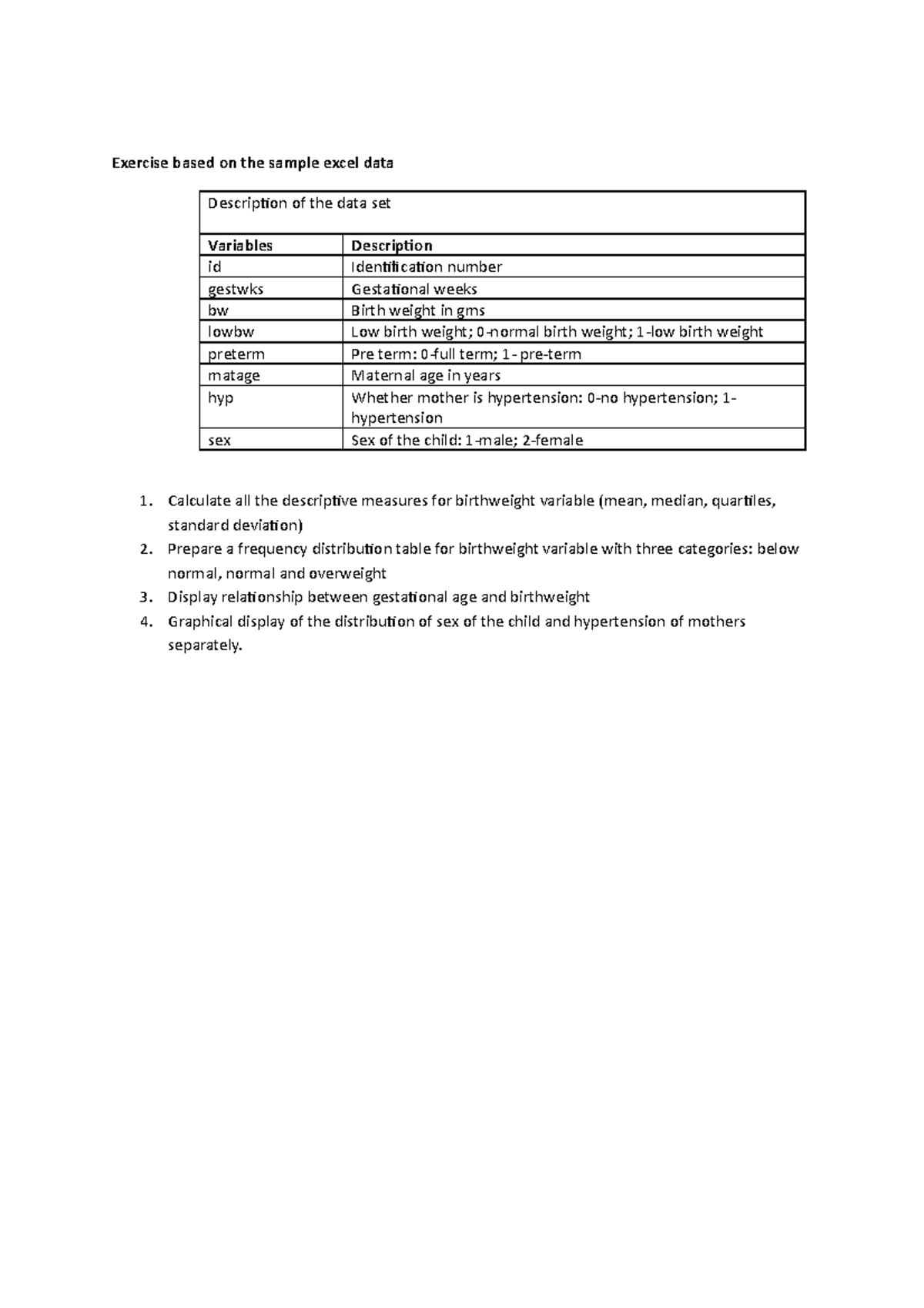 Practice exercise excel - Exercise based on the sample excel data ...