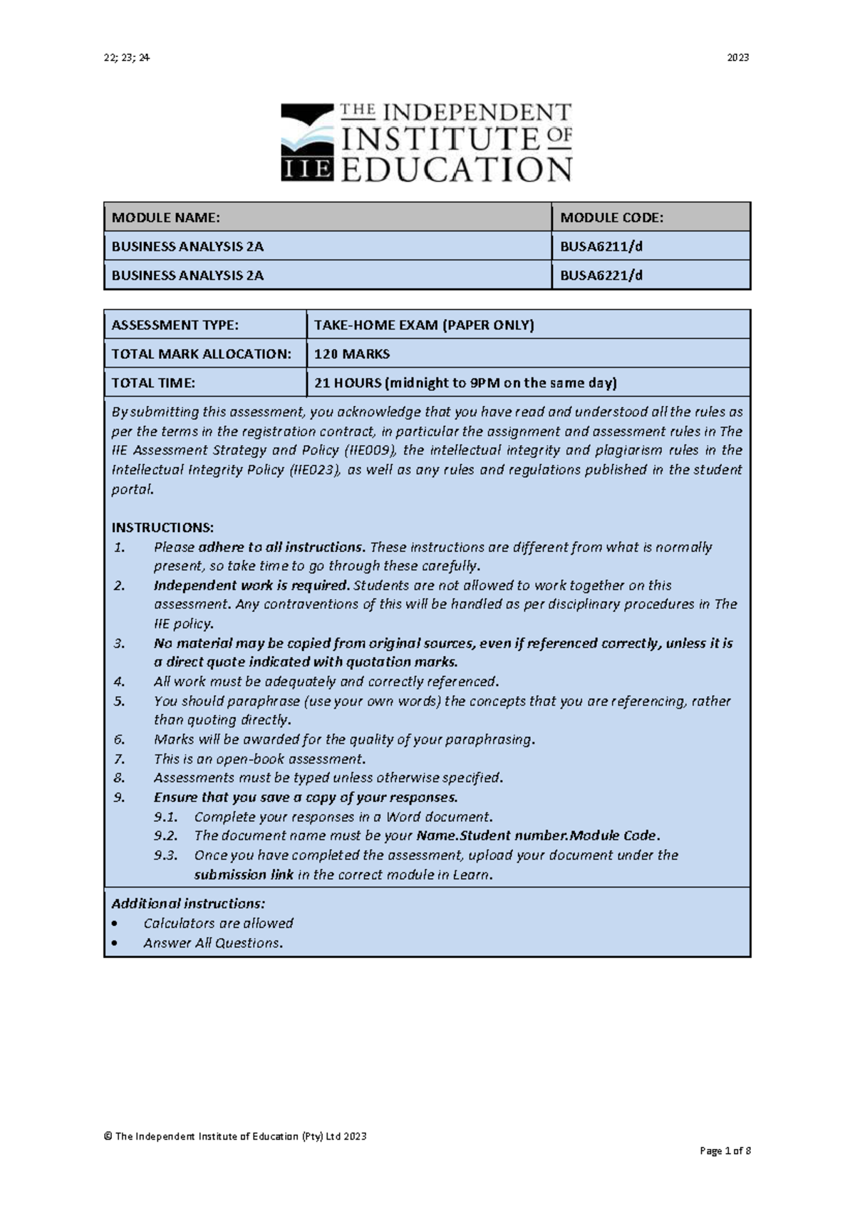 BUSA6221Ea THE - Test - © The Independent Institute of Education (Pty ...