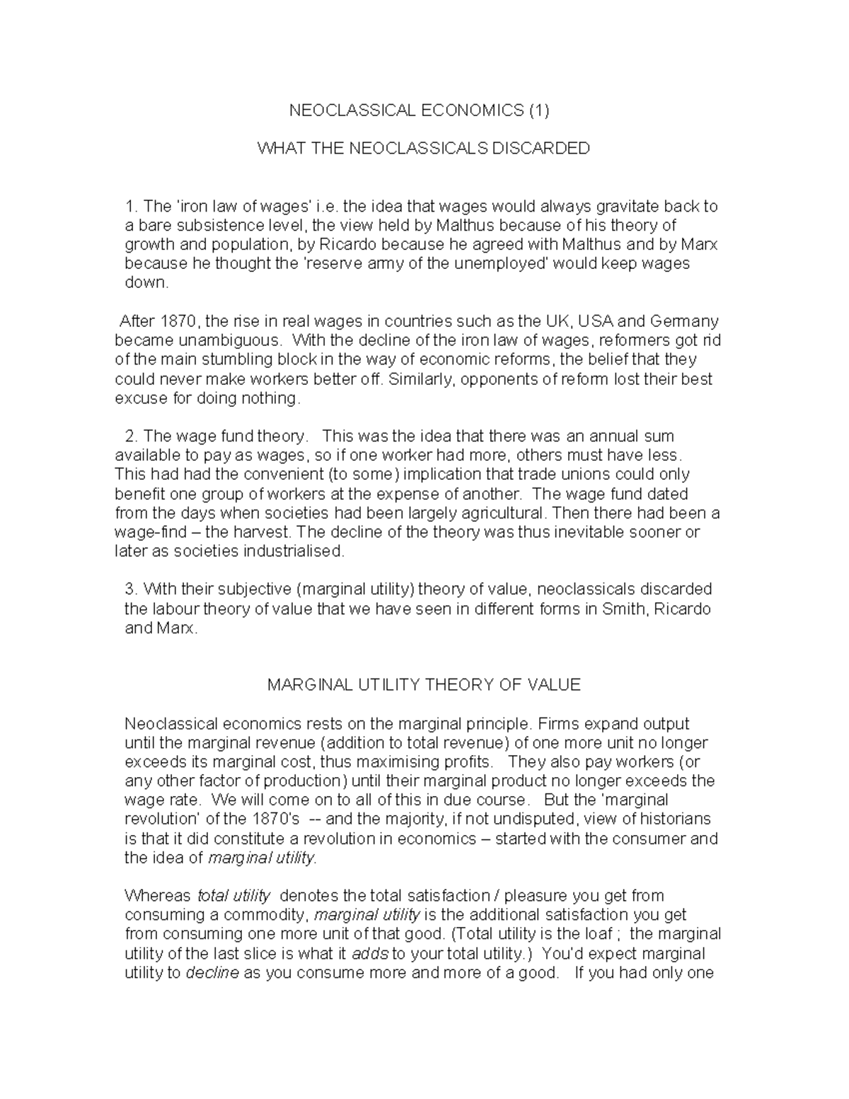 neoclassics in econ - NEOCLASSICAL ECONOMICS (1) WHAT THE NEOCLASSICALS ...