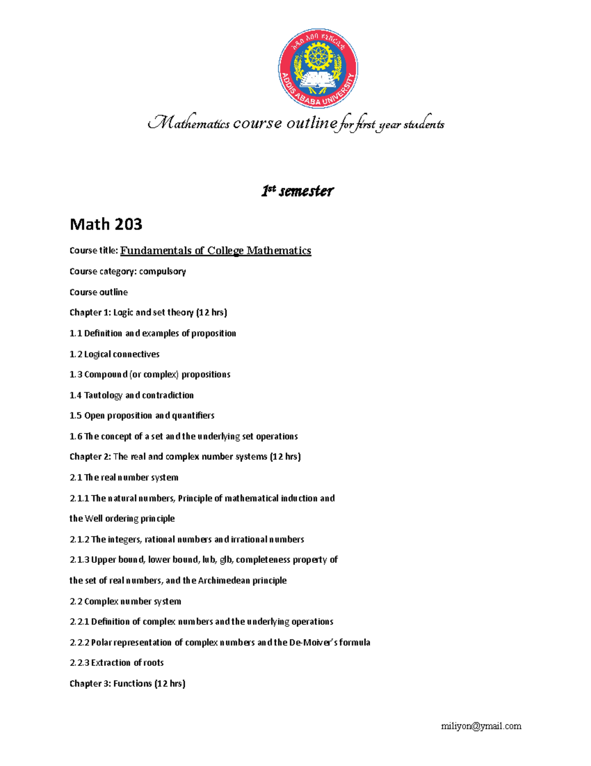 1st year Course outline - Mathematics Math 203 Course title ...
