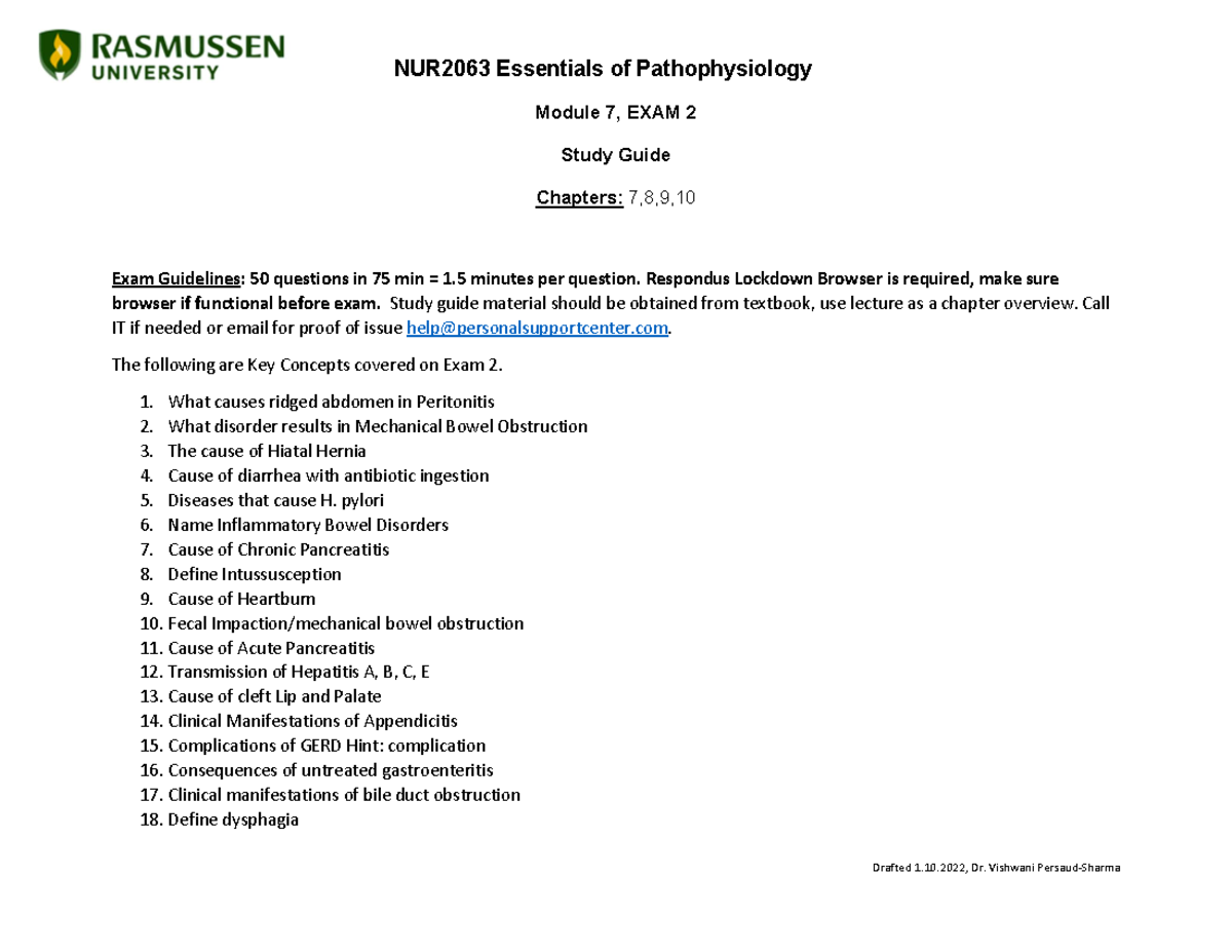 Patho- Exam 2 Study Guide- from Library - Module 7, EXAM 2 Study Guide ...