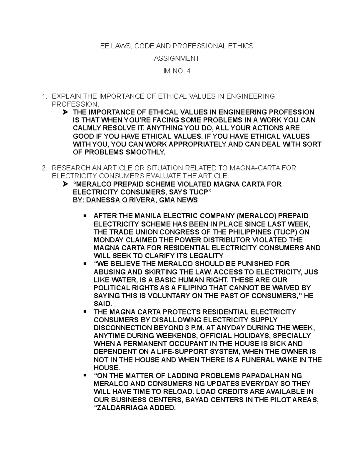 EE LAWS Assignment IM NO. 4 - EE LAWS, CODE AND PROFESSIONAL ETHICS ...