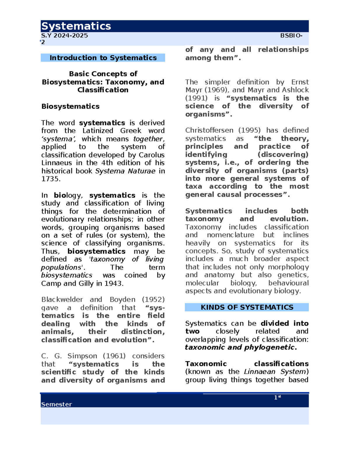 Introduction to Systematics - S 2024-2025 BSBIO- 2 Introduction to Systematics Basic Concepts of ...