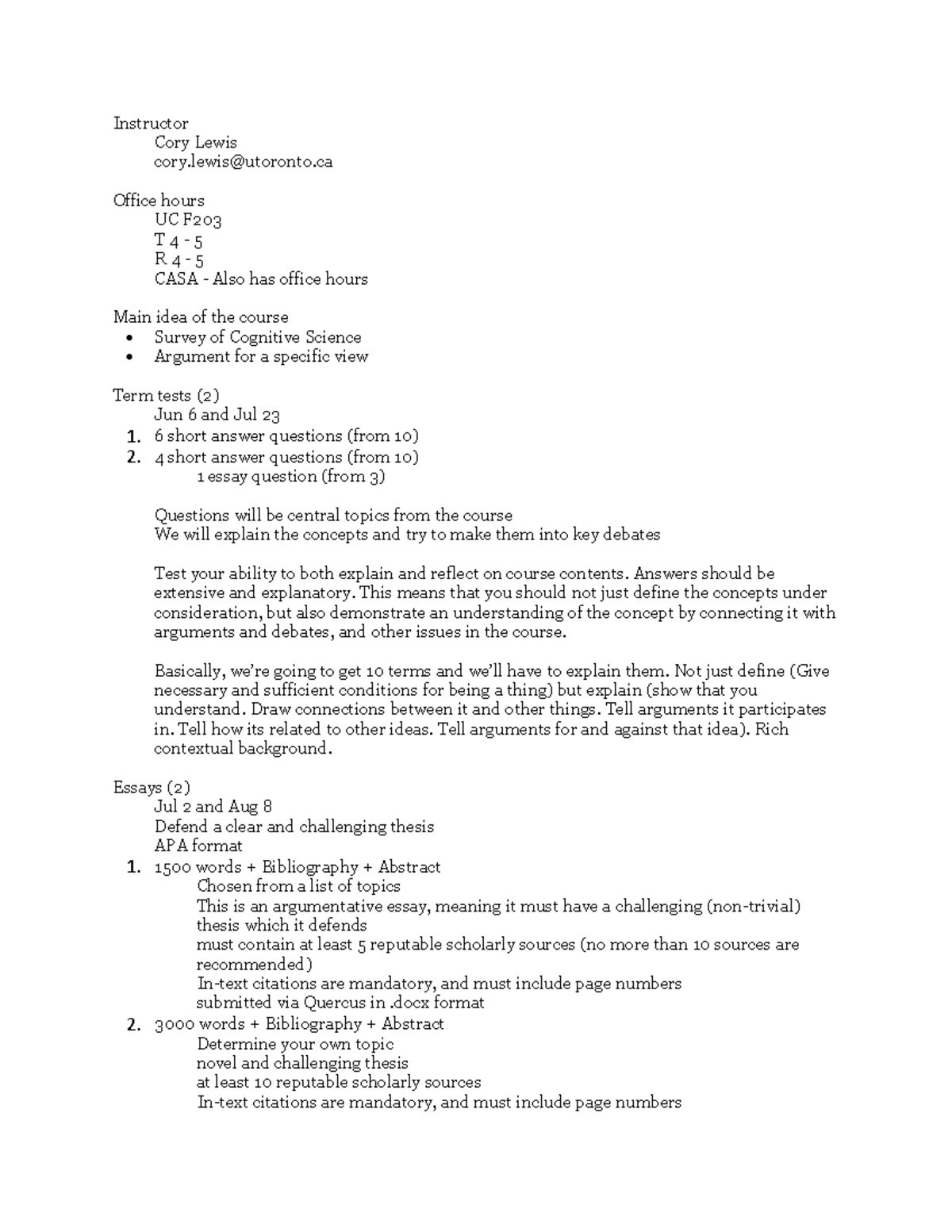 Week 1 Notes - uoft - Instructor Cory Lewis cory@utoronto Office hours ...
